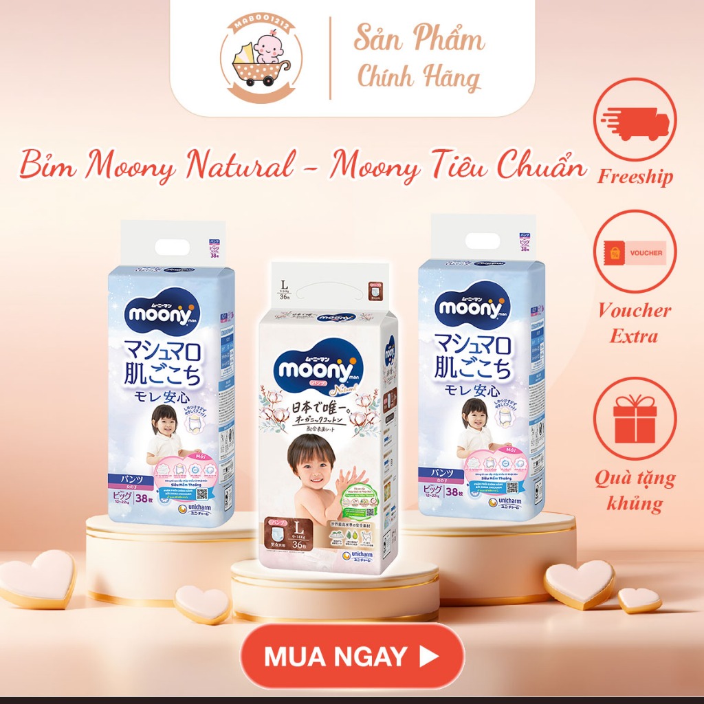 Bỉm MOONY NATURAL/ MOONY TIÊU CHUẨN chính hãng quần/dán size NB90/S82/M58/L44/XL38 | Shopee Việt Nam