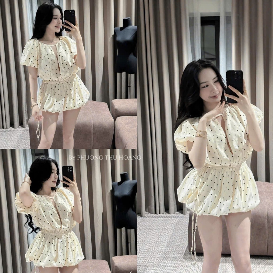 Set jumsuit chấm bi tay bồng chân bí bo chun eo dễ thương tiểu thư thời ...