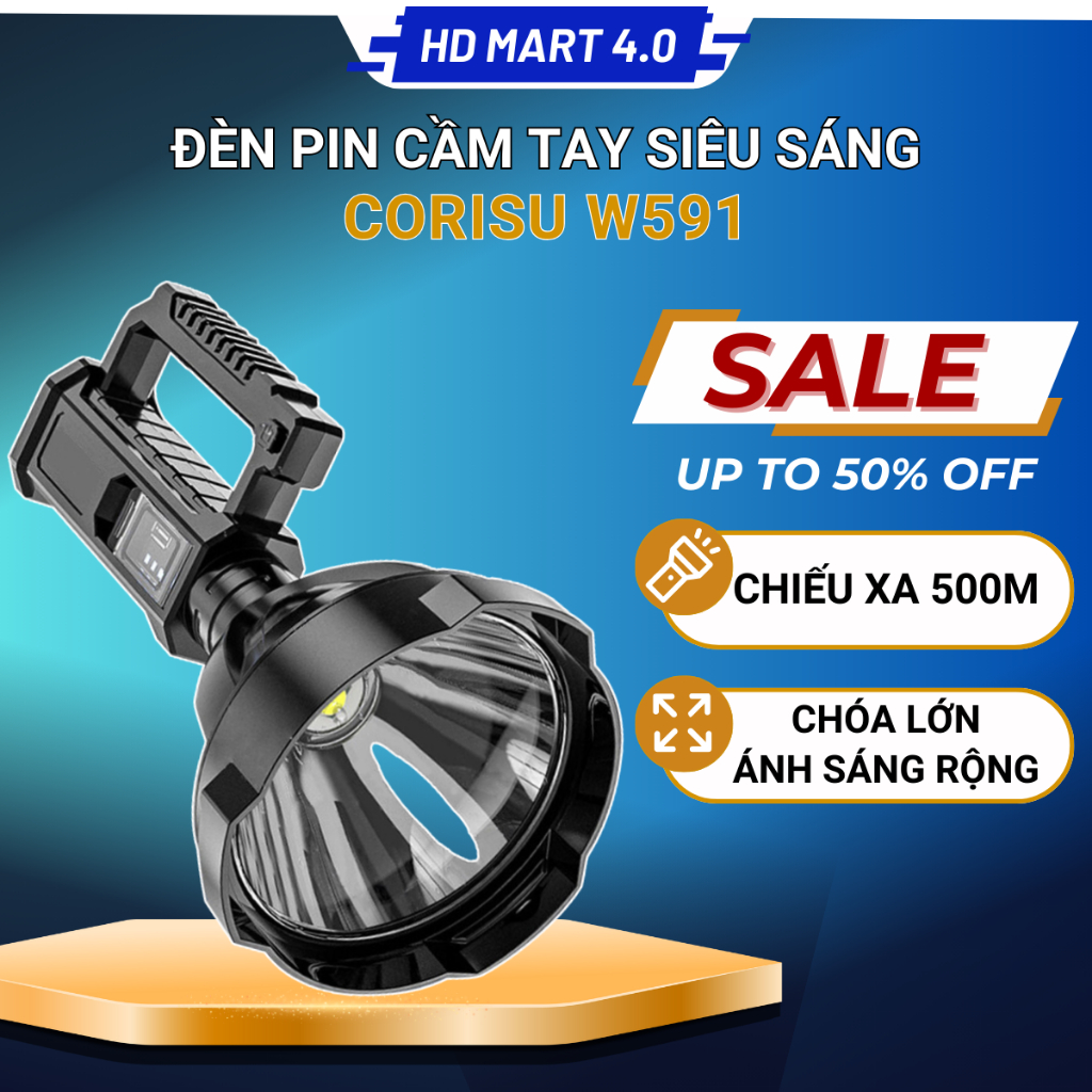 Đèn pin siêu sáng W591 CORISU cầm tay chiếu xa 500m vỏ nhựa ABS siêu bền có chân đế bóng led ...
