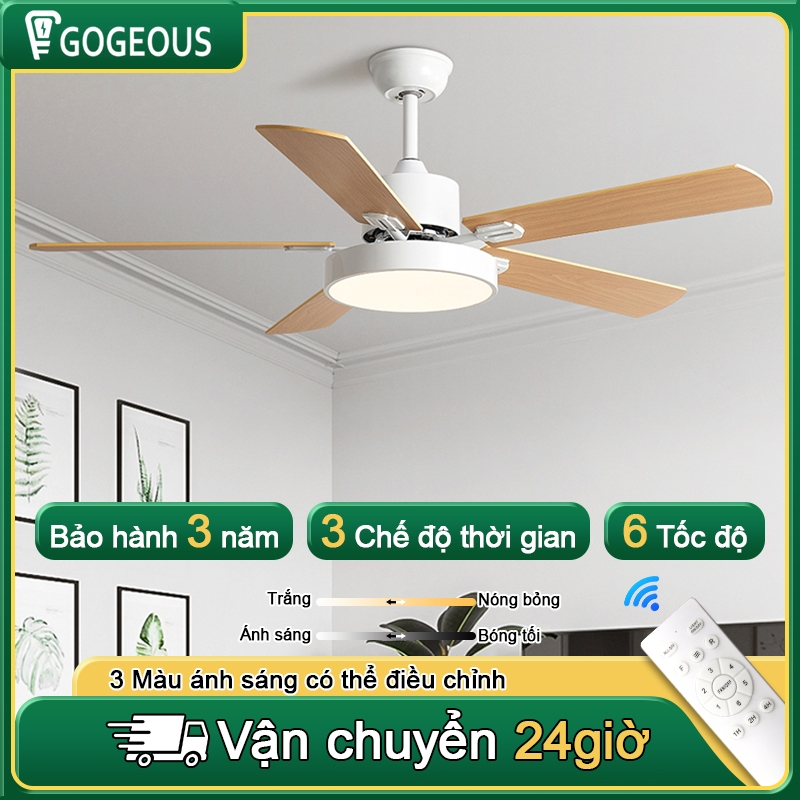 Quạt trần 5 cánh gỗ có đèn LED ba màu quat tran trang trí phòng khách ...