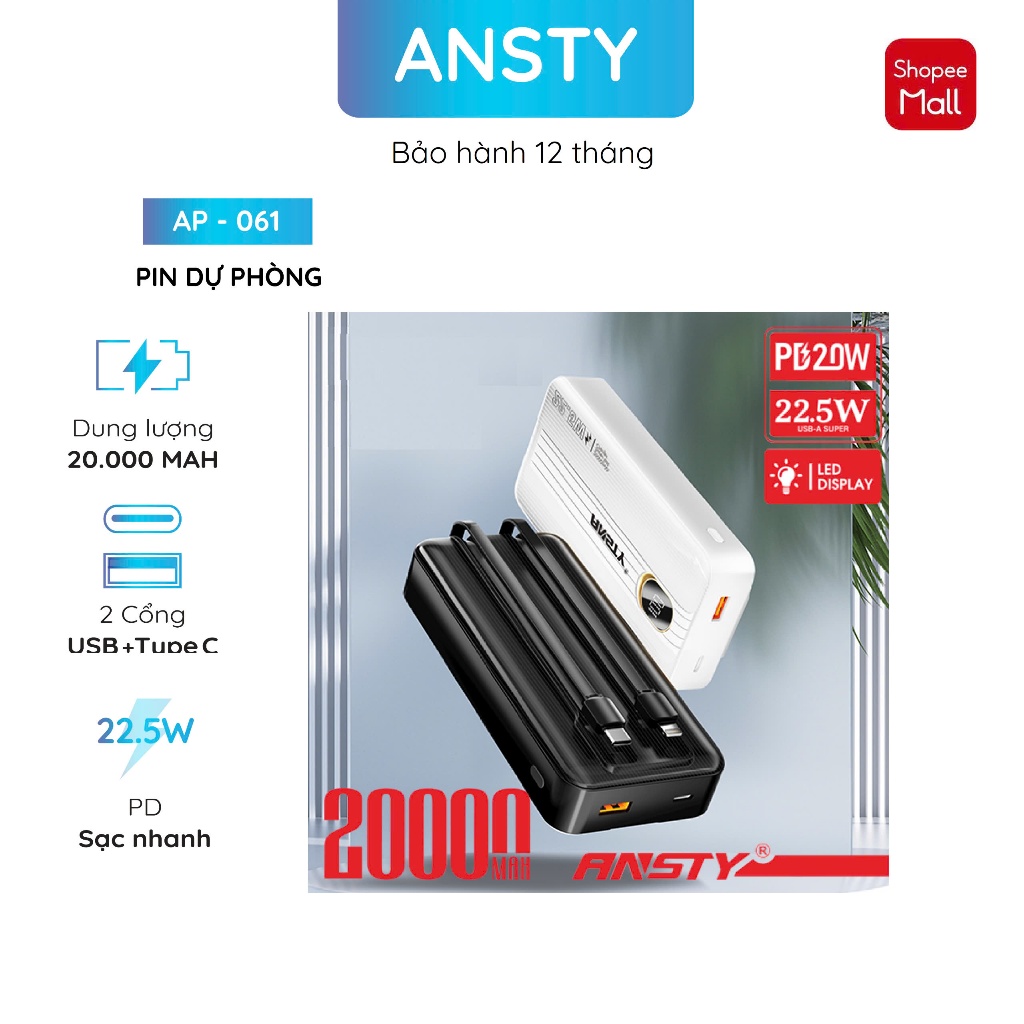 Pin Dự Phòng Ansty Ap-060 Pd 22.5w 10000mah/Ap-061 Pd 22.5w 20000mah/Ap-062 Pd 22.5w 30000mah ...