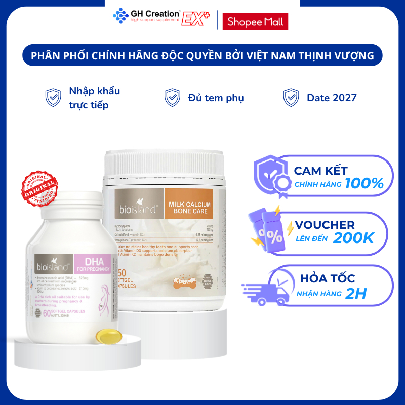 Combo cho bà bầu DHA và Canxi sữa hữu cơ Bioisland Milk Canxi Bone Care bổ sung dinh dưỡng cho ...
