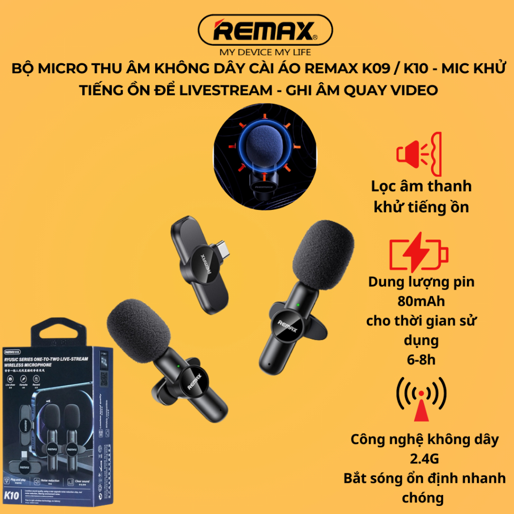 Bộ Micro Thu Âm Không Dây Cài Áo Remax K09 / K10 - Mic Khử Tiếng Ồn Để Livestream - Ghi Âm Quay ...