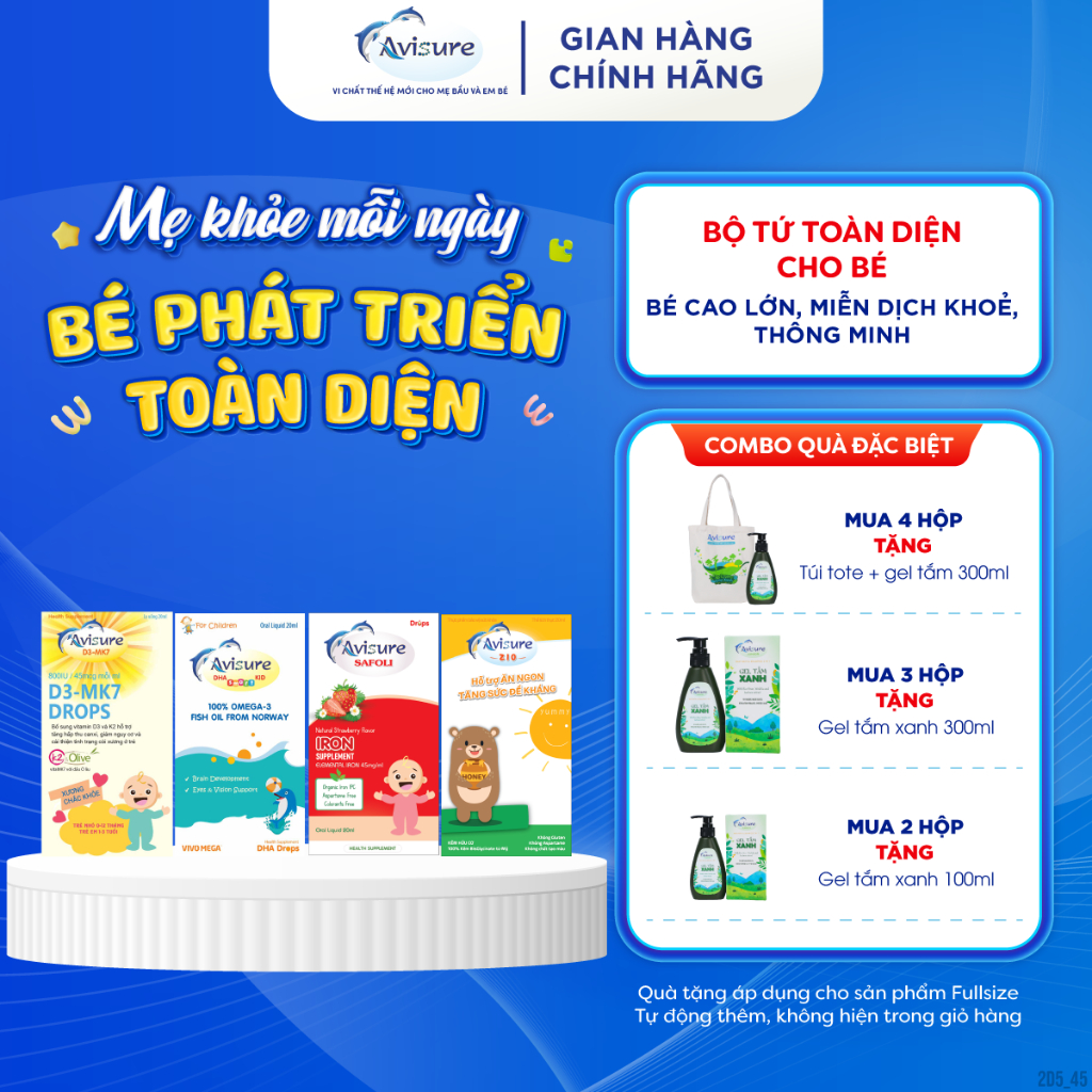Bộ vi chất cho bé Avisure vitamin D3 K2, Sắt hữu cơ, Kẽm, DHA cho bé ...