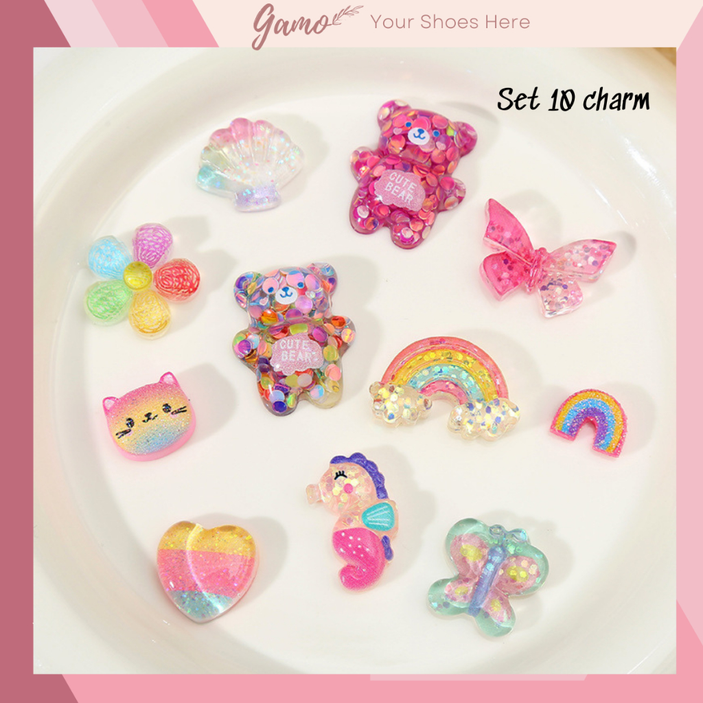 Bộ 10 Sticker, Charm 3D chủ đề Thạch gấu nhựa cứng gắn Dép Cross, Dép ...