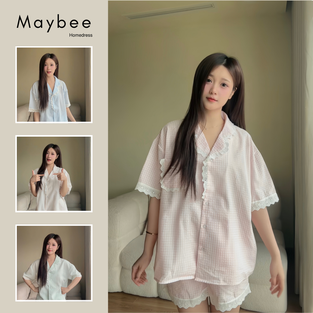 Bộ đồ ngủ kẻ caro phối ren vải cao cấp Maybee Homedress | Shopee Việt Nam