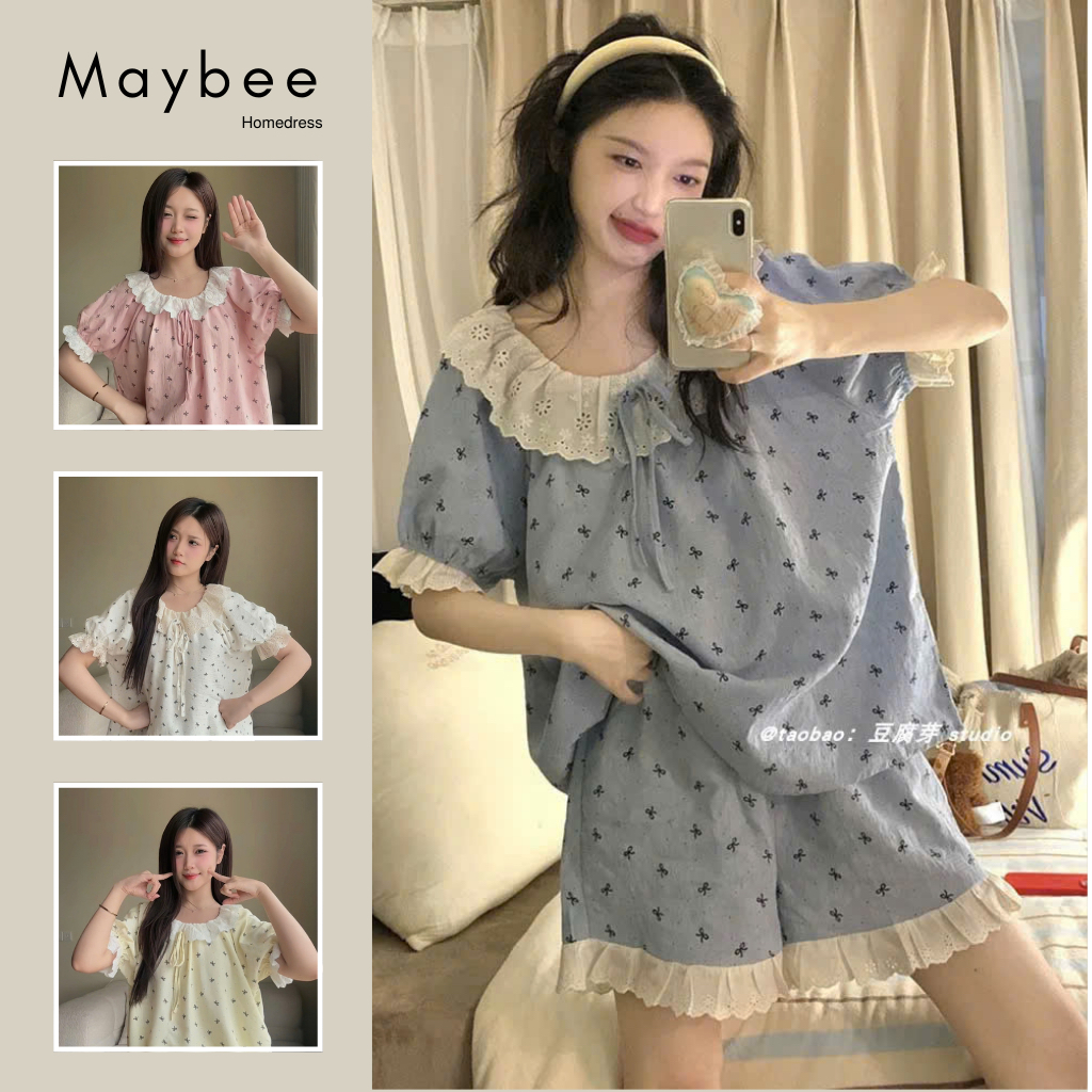 Set đồ ngủ ngắn tay phối ren họa tiết nơ Maybee Homdress | Shopee Việt Nam