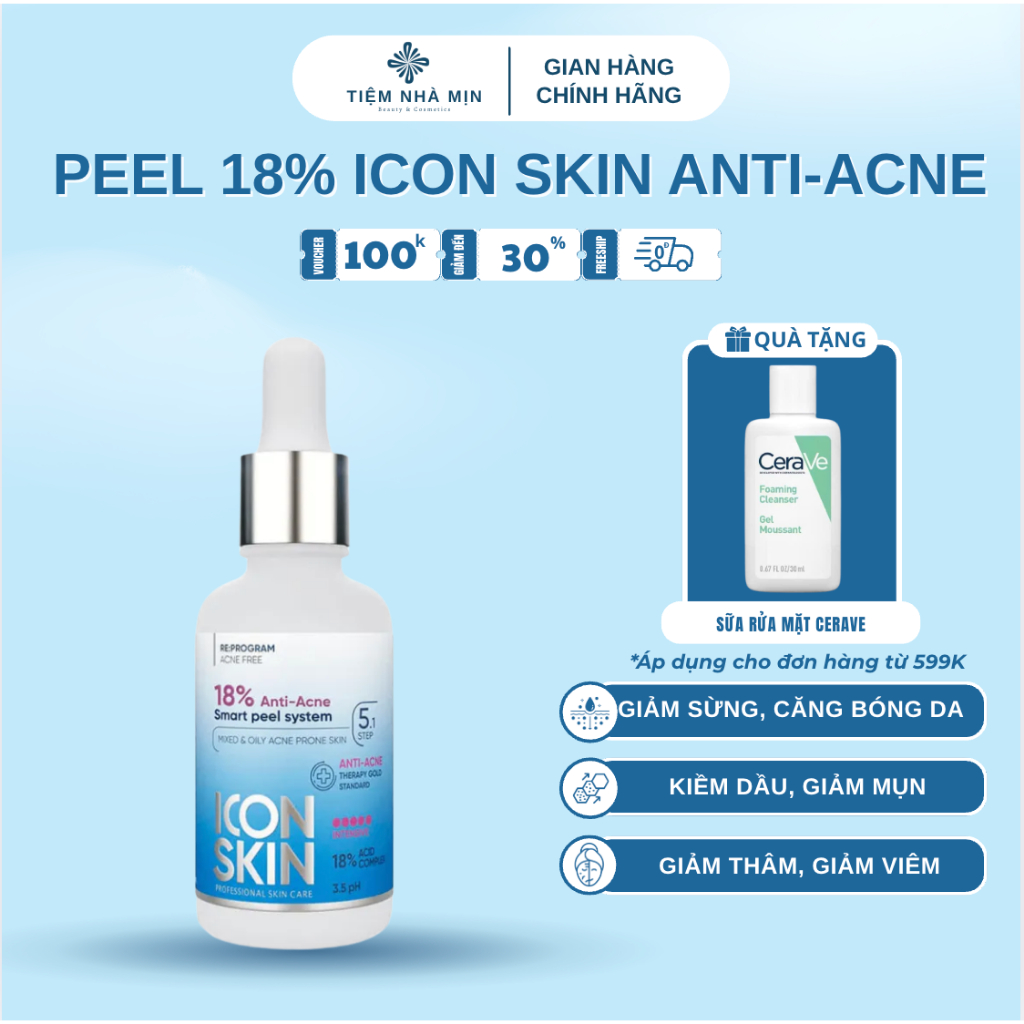 [CÔNG TY] Peel Da Không Bong ICON SKIN 18% Anti-Acne Smart 30ml ...