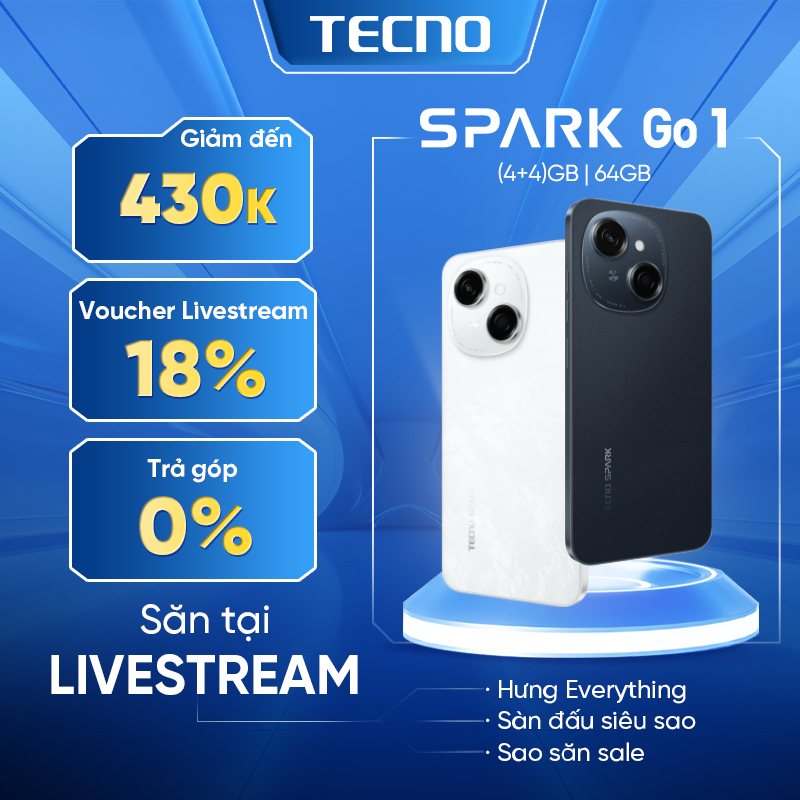 Điện thoại Tecno Spark Go 1 (4+4)GB/64GB - Unisoc T615 | 5000mAh | Sạc nhanh 15W | Hàng chính ...