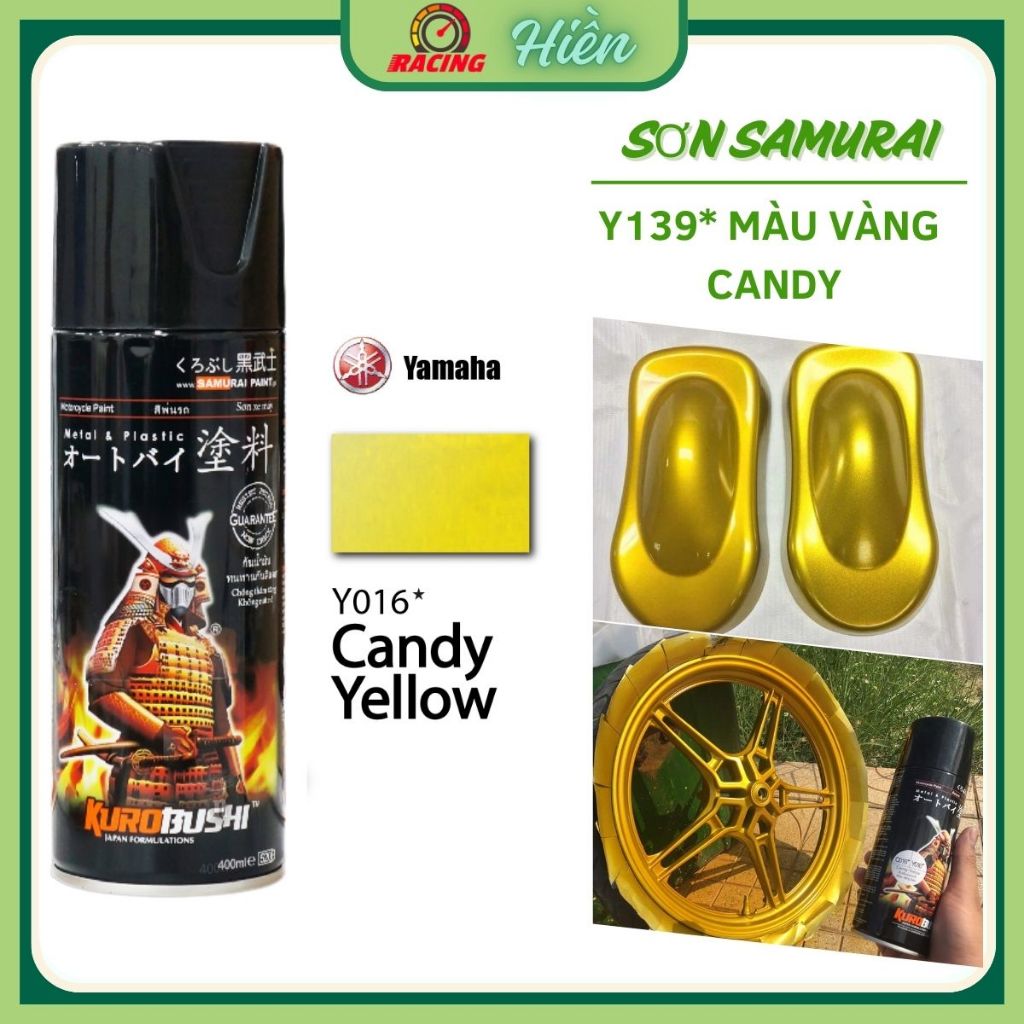 Sơn Xịt Samurai chuyên dùng cho xe máy màu vàng candy Y016 *chống cháy ...