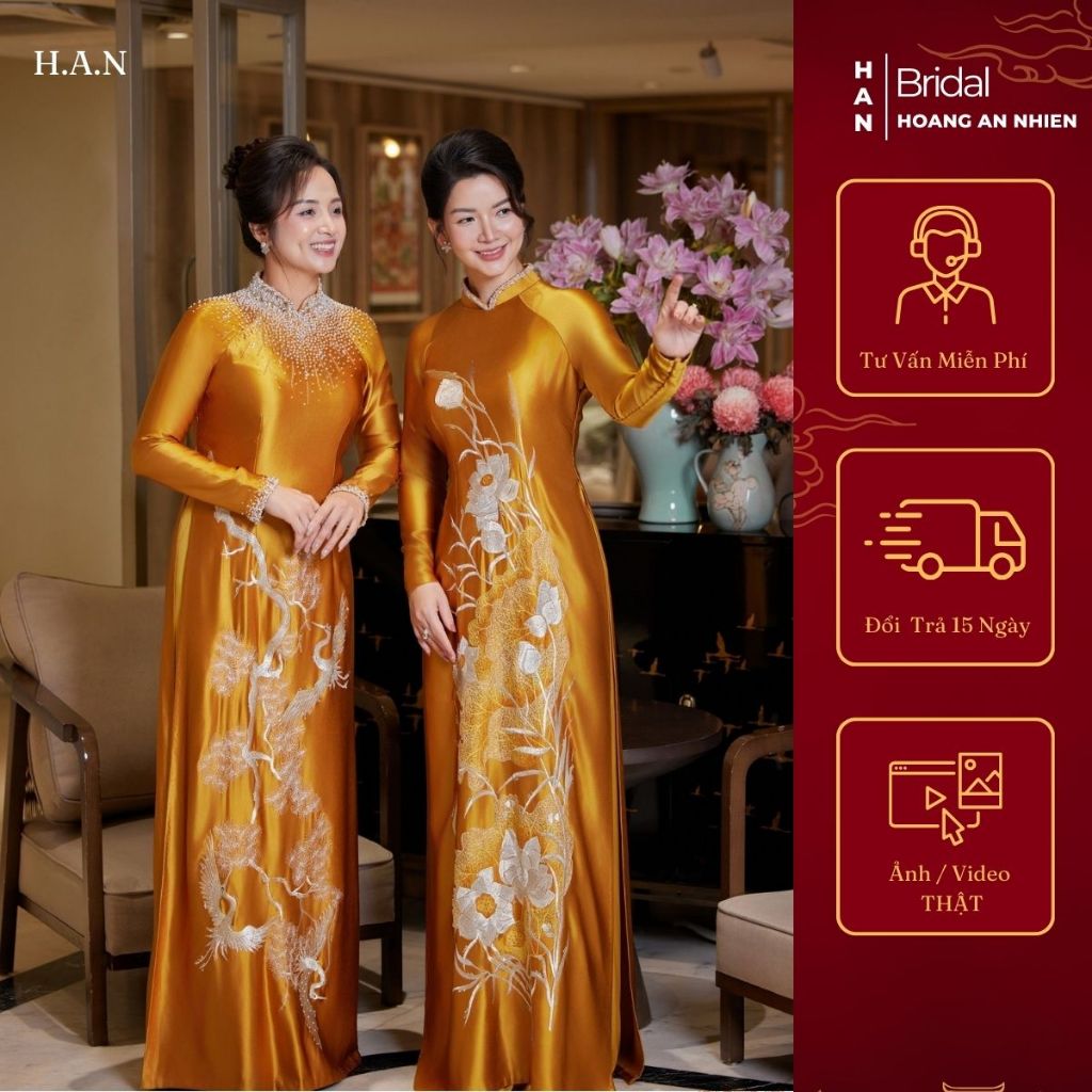 Áo Dài Mẹ hàng cao cấp áo dài sui- màu vàng đồng Lụa ruby cao cấp thêu Sen ,song hạc tùng ép đá ...