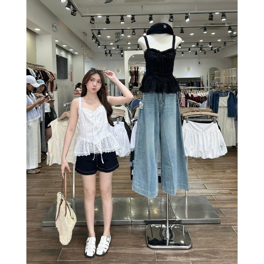 Áo kiểu vải WG 2dây xòe viền ren nhíu ngực cột nơ XONXEN SHOP Mã 5351 ...