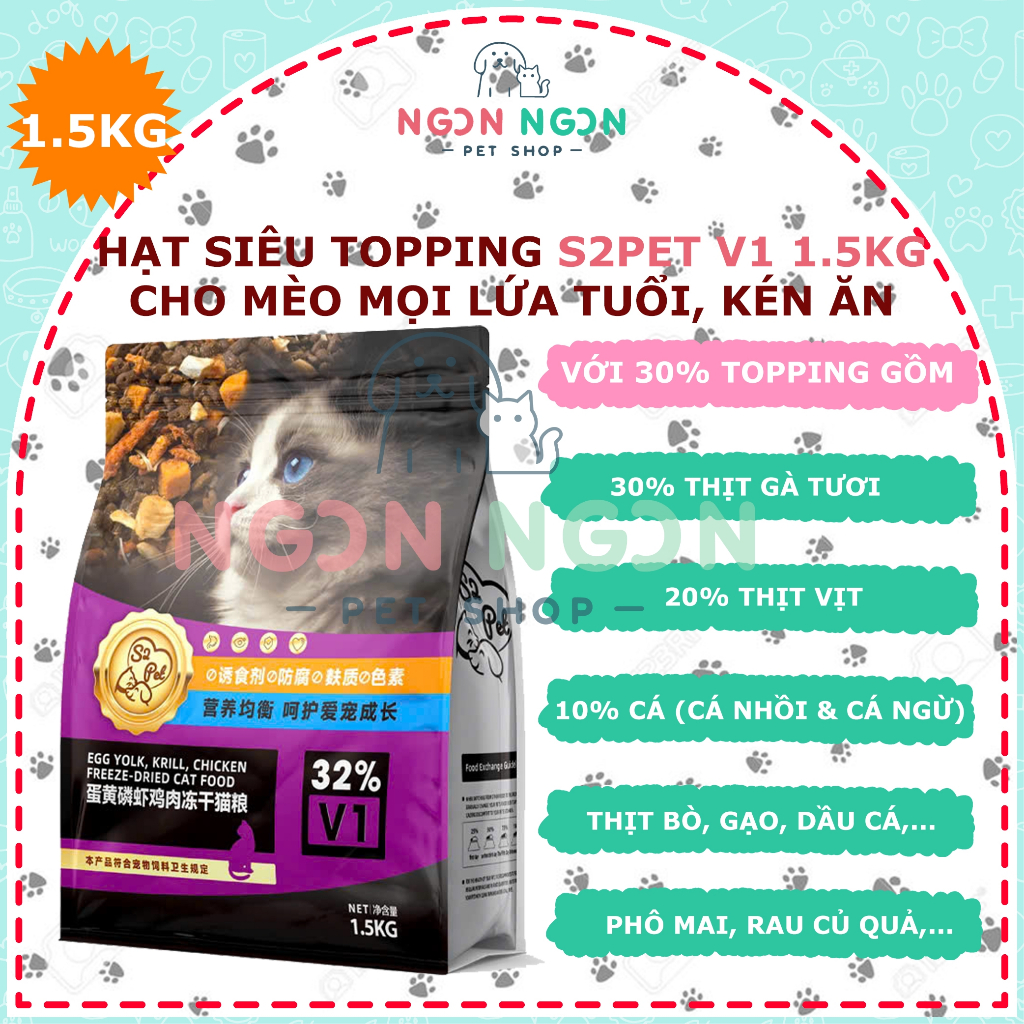 Hạt Mix Siêu Topping S2 Pet V1 1.5kg Cho Mèo Mọi Lứa Tuổi, Kén Ăn, Tăng ...