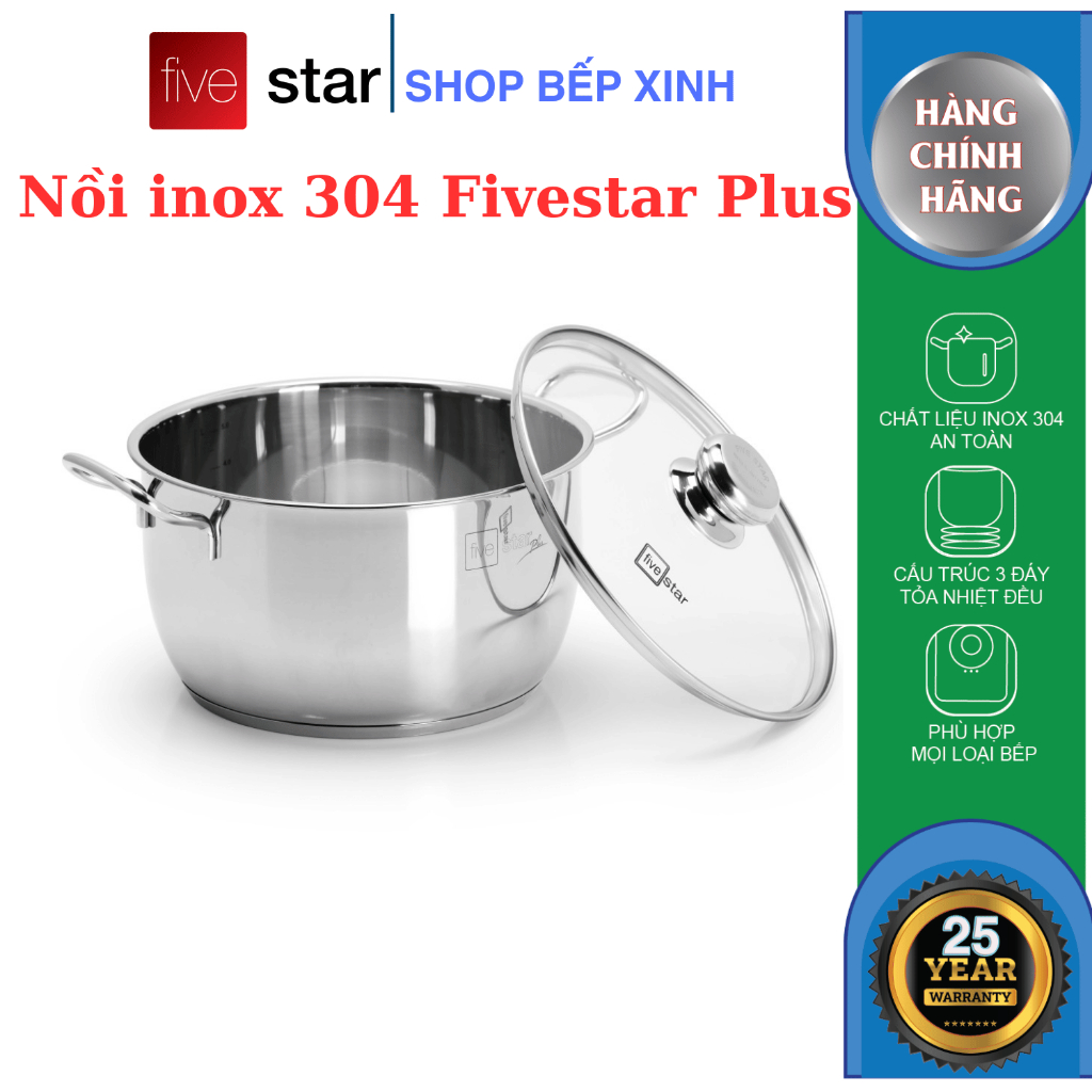 Nồi Inox 304 cao cấp Fivestar Plus nắp kính, 3 đáy dùng được nhiều loại bếp size 16cm | 18cm ...