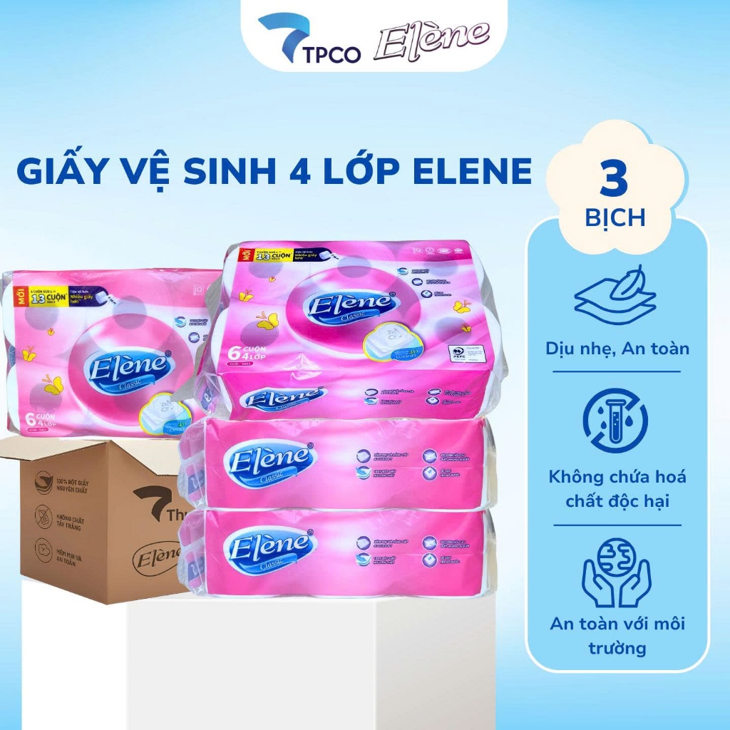 Giấy Vệ Sinh Elene Có Lõi 4 Lớp Cao Cấp - 1 Bịch 6 Cuộn - 1 Thùng 18 ...