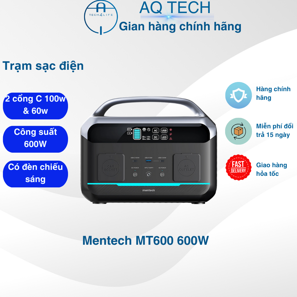 Trạm sạc Mentech MT600 600W, 2 cổng C 100w & 60w, cổng điện 220V, có ...