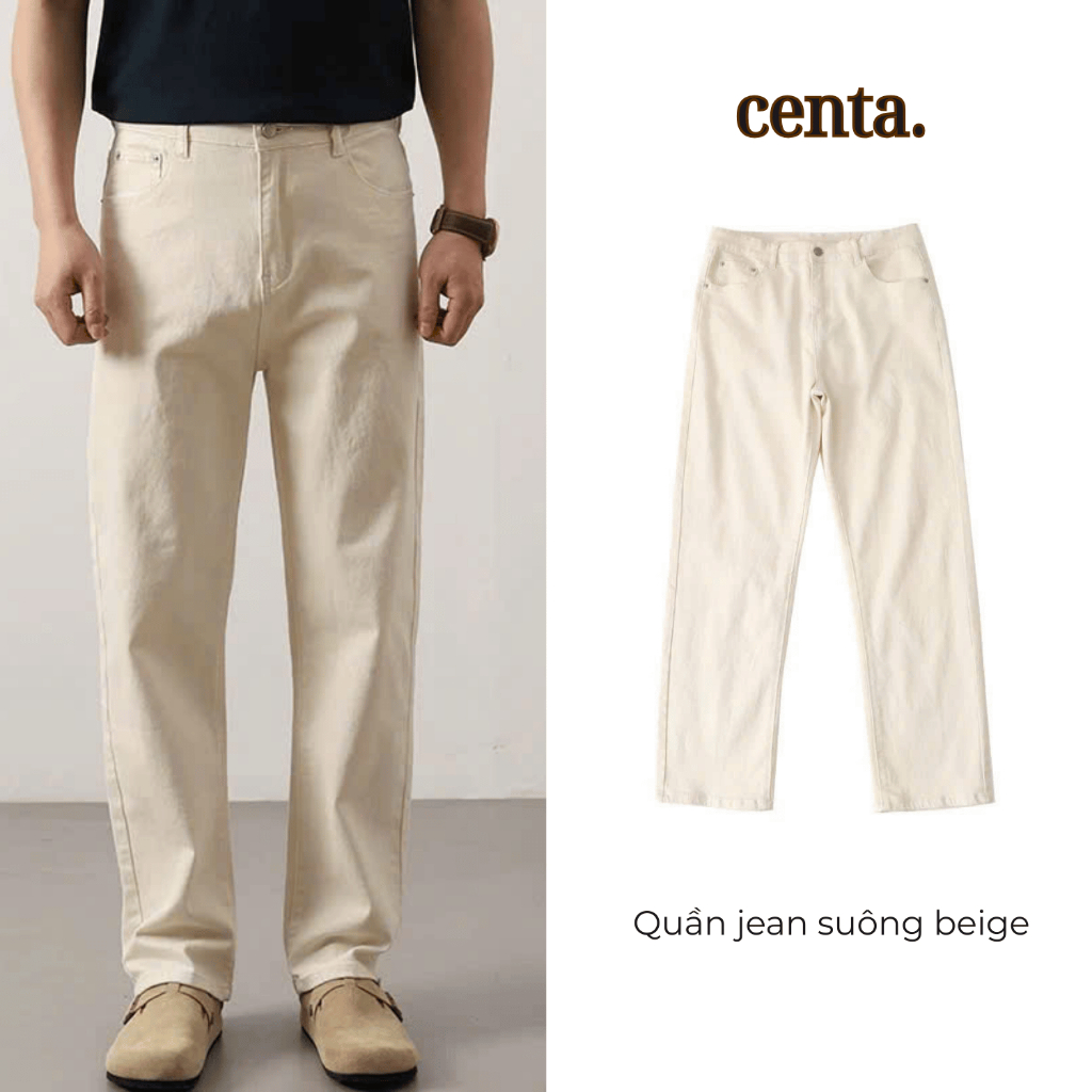 Quần jean nam ống suông Centa màu beige hack dáng cạp cao phong cách ...
