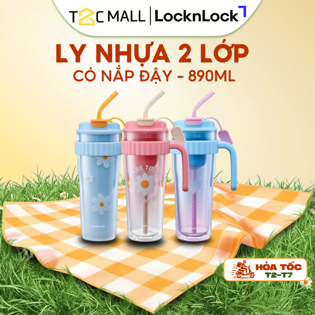 Ly Nhựa 2 Lớp LocknLock 890ML To, Cốc Nhựa Có Nắp, Ống Hút, Quai Cầm ...