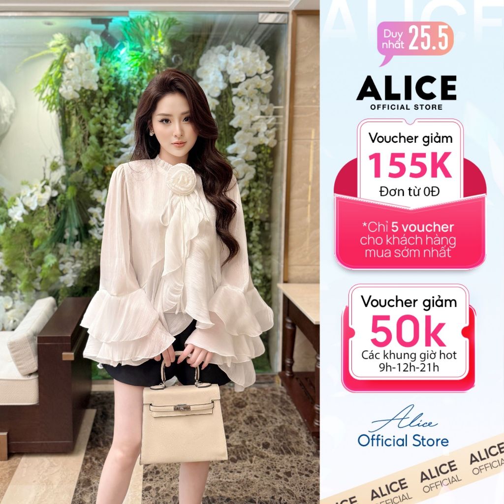 Set Đồ Tiểu Thư Thanh Lịch Alice Áo Chất Tơ Óng Hàn Thiết Kế Tay Loe Nhiều Lớp Cổ Đính Hoa Nổi ...