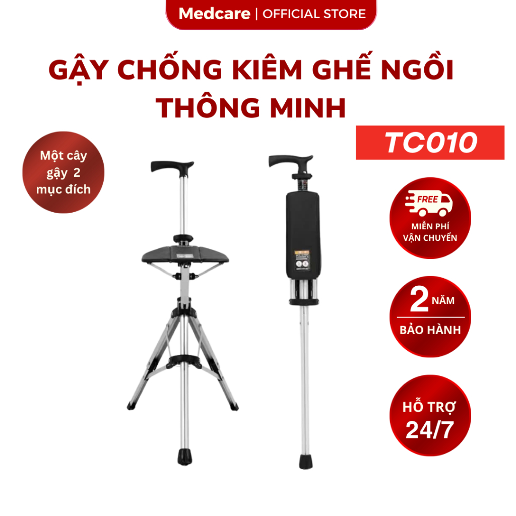 Gậy đi bộ có ghế ngồi gấp gọn tiện lợi, Gậy batoong chống cho người già ...