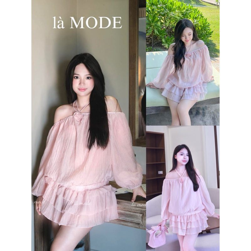 SẴN | ROSE DRESS | Đầm hồng pastel babydoll trễ vai hoa tơ mềm chun hông hoa váy tầng có bảo hộ ...