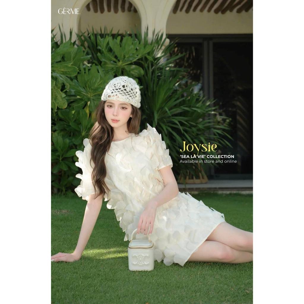 GERME Váy tiệc nữ Joysie Dress dáng suông cổ tròn lưng khuyết vải tơ đính hoa che khuyết điểm ...