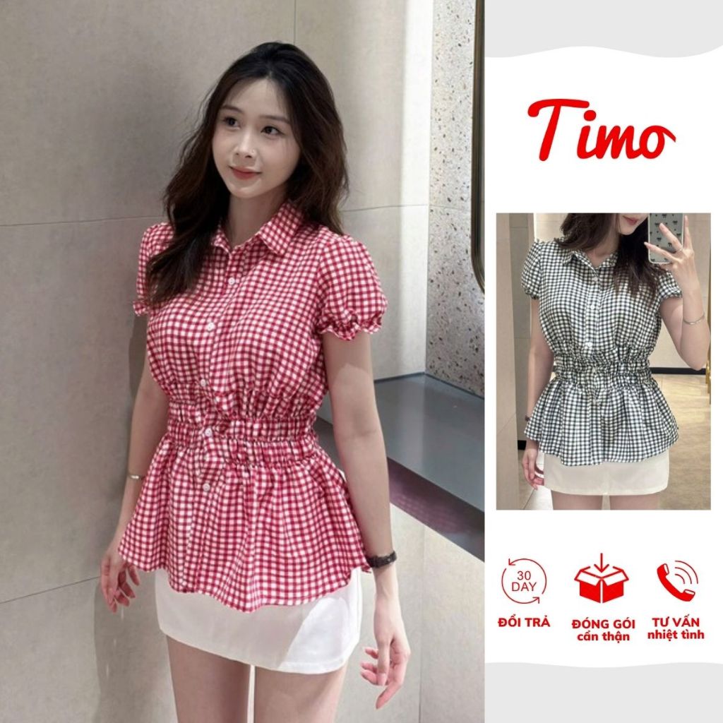 Áo kiểu nữ Timo, Áo sơ mi nữ caro đỏ trắng dáng peplum tay ngắn bo eo ...