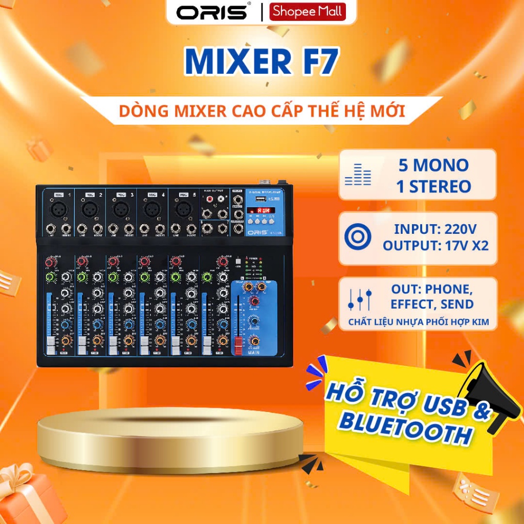 Mixer bluetooth chuyên nghiệp Oris F7-USB BH 12 tháng, bộ hòa trộn giúp ...