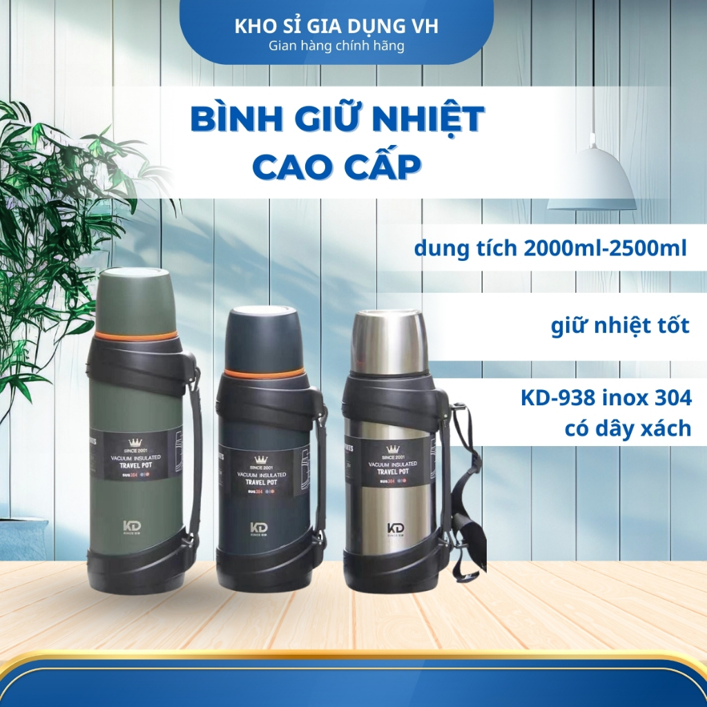 Bình giữ nhiệt cao cấp KD-938 inox 304 có dây xách dung tích 2000ml-2500ml, giữ nhiệt tốt ...