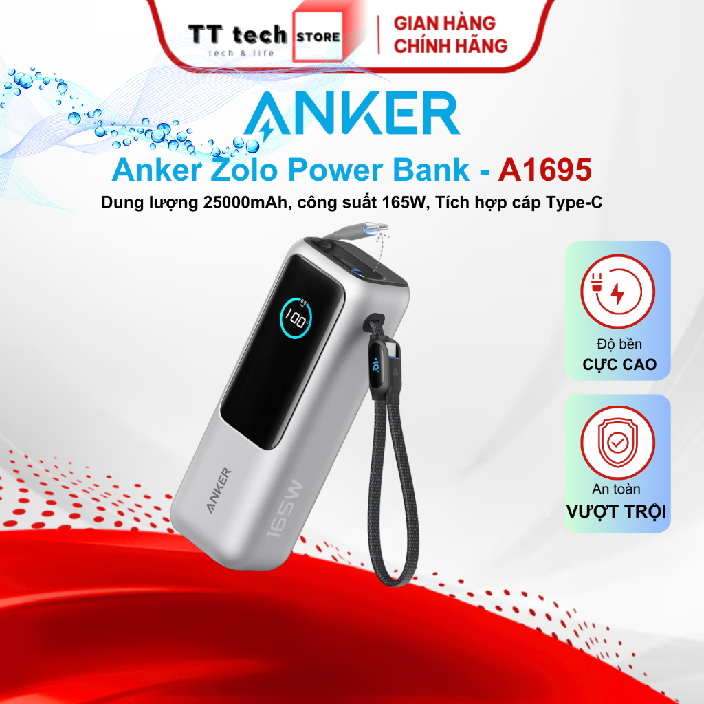 Sạc dự phòng Anker Zolo Power Bank A1695, 25000mAh, Công suất 165W -Tích hợp cáp Type C tiện lợi ...