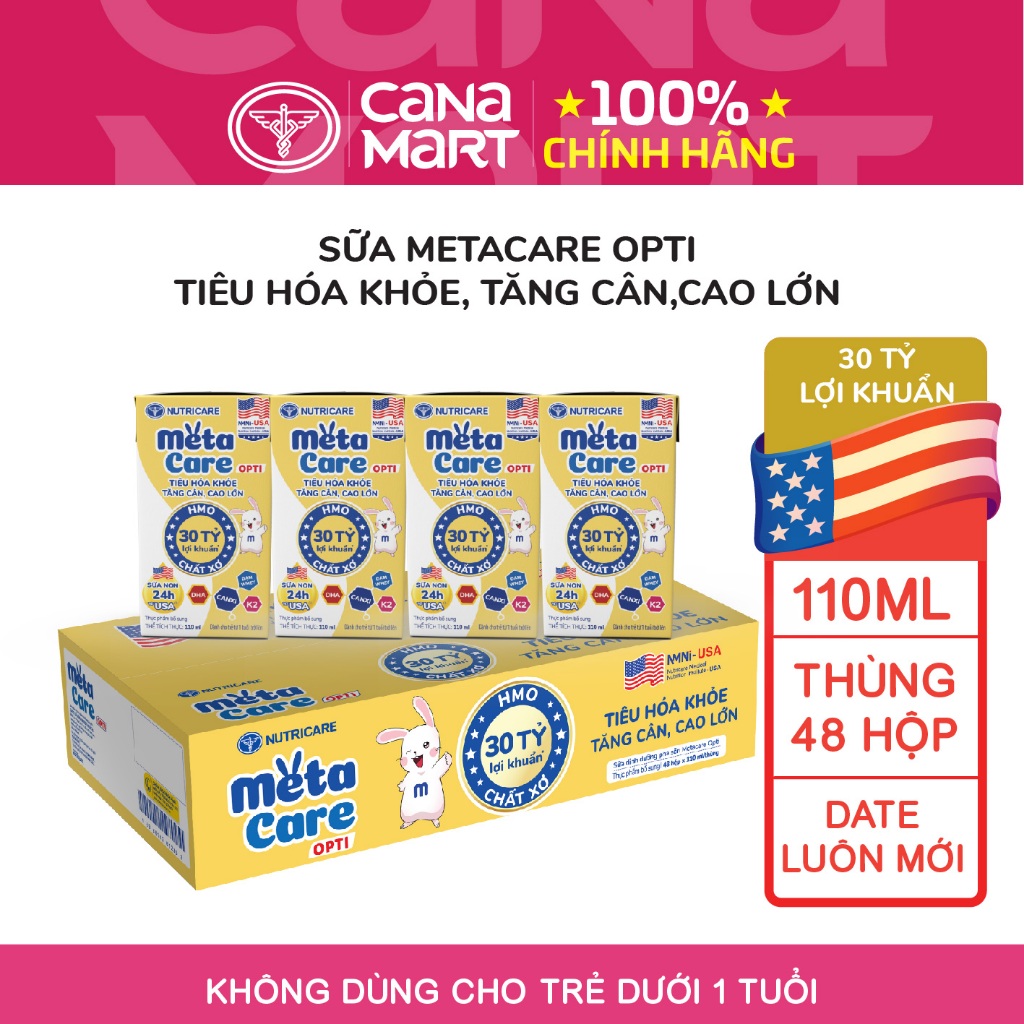 Thùng sữa bột pha sẵn Nutricare Metacare Opti tiêu hóa khỏe, tăng cân, cao lớn (110ml x 48 hộp ...