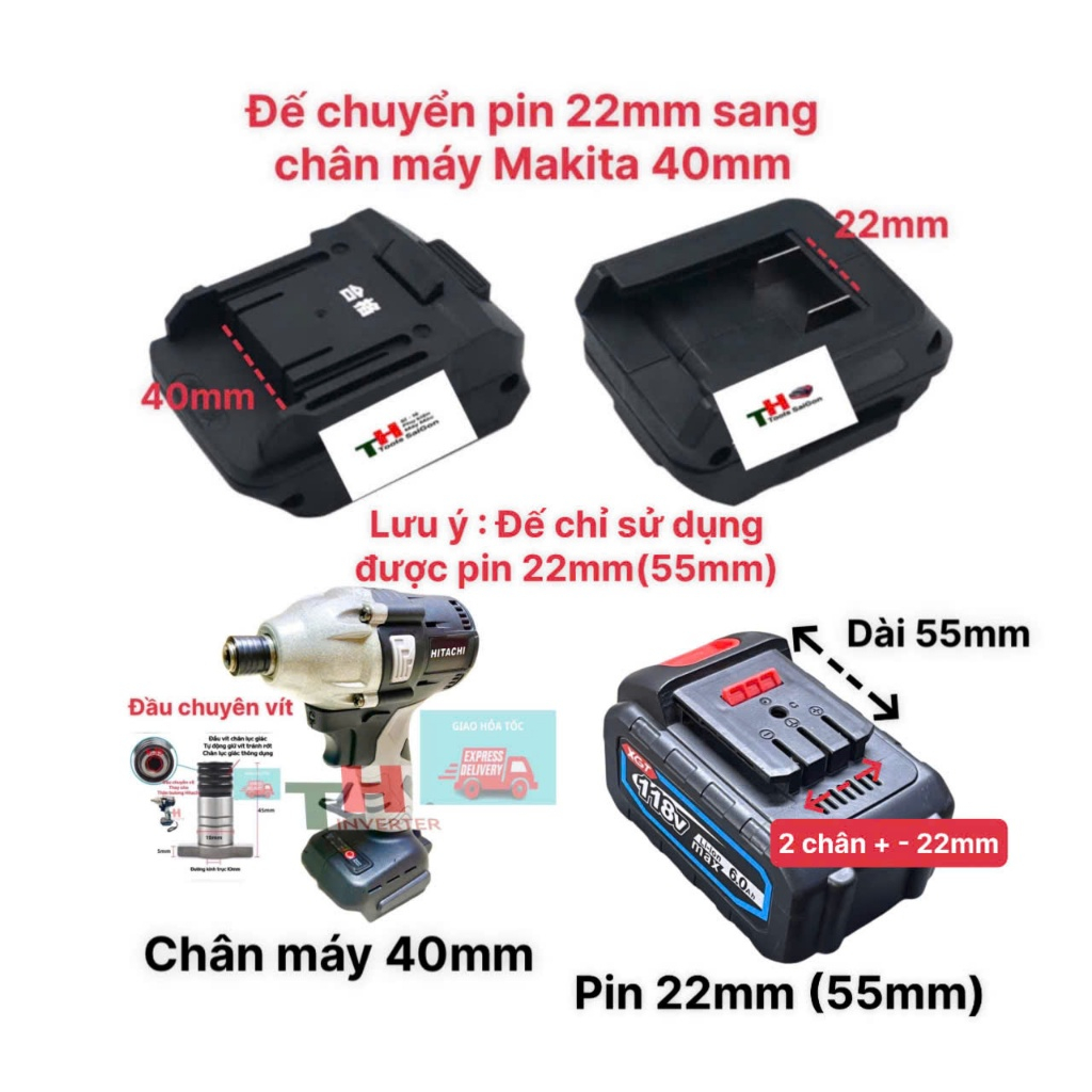 Đế chuyển pin Trung Quốc 21v 22mm sang chân máy Makita 21v 40mm, Sử dụng pin Dayi A3 22mm ( dài ...