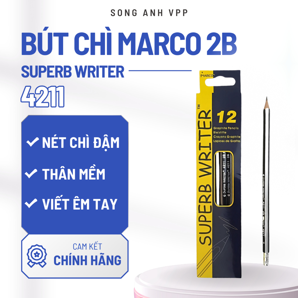 Bút chì Marco 2B cao cấp thân xanh sọc bạc, tẩy đi kèm ở đuôi bút, nét ...