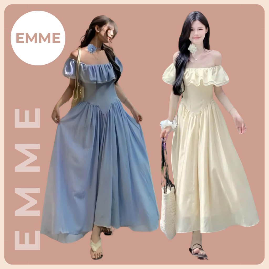 Đầm nữ thiết kế trễ vai vải đũi tơ tằm có mút xếp ly dáng dài xòe EMME ...
