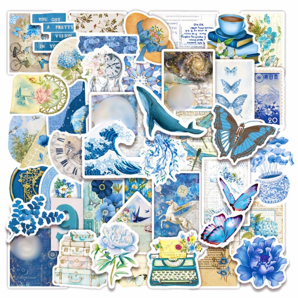 Set 10/20/50 cái sticker chống nước CỔ TÍCH MÀU XANH DƯƠNG VINTAGE CỔ ...