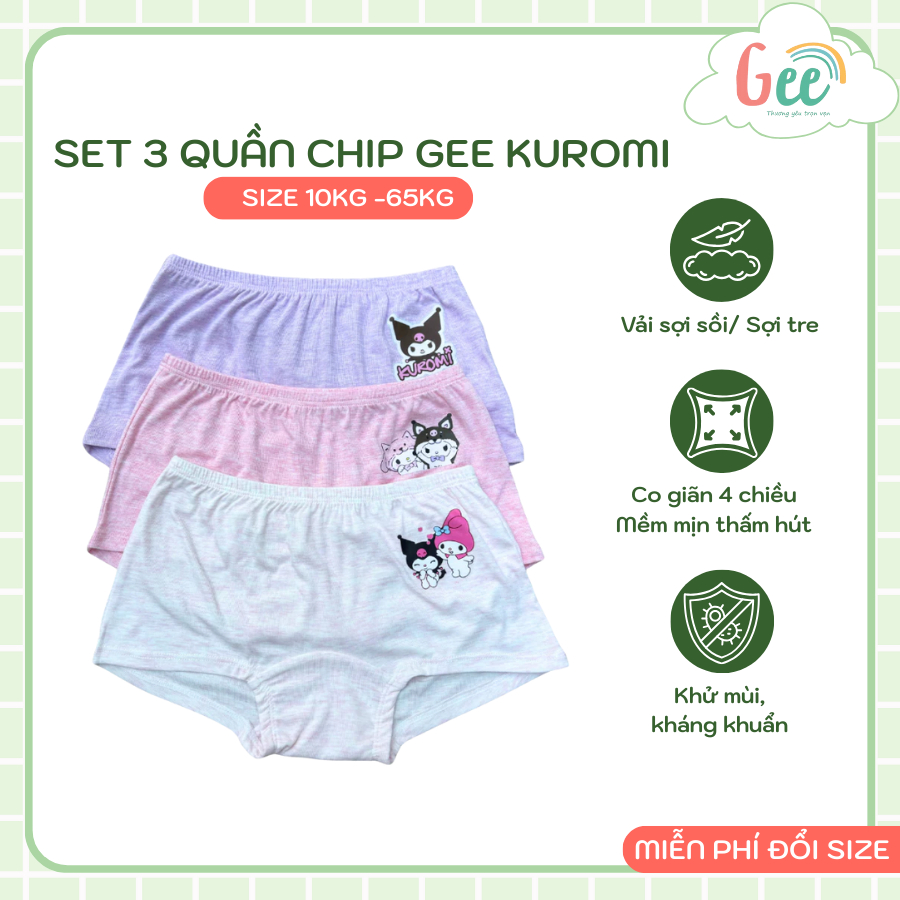 Set 3 quần chip cho bé gái Gee KUROMI, 10-65kg, hàng VN, vải sợi sồi ...