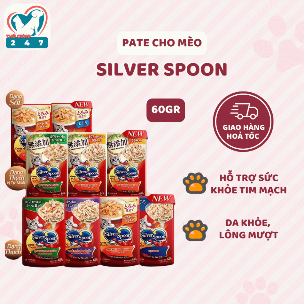 Thức ăn ướt Pate mèo Silver Spoon 60g/gói dạng sốt/dạng thạch nguyên liệu cao cấp cá ngừ, thịt ...