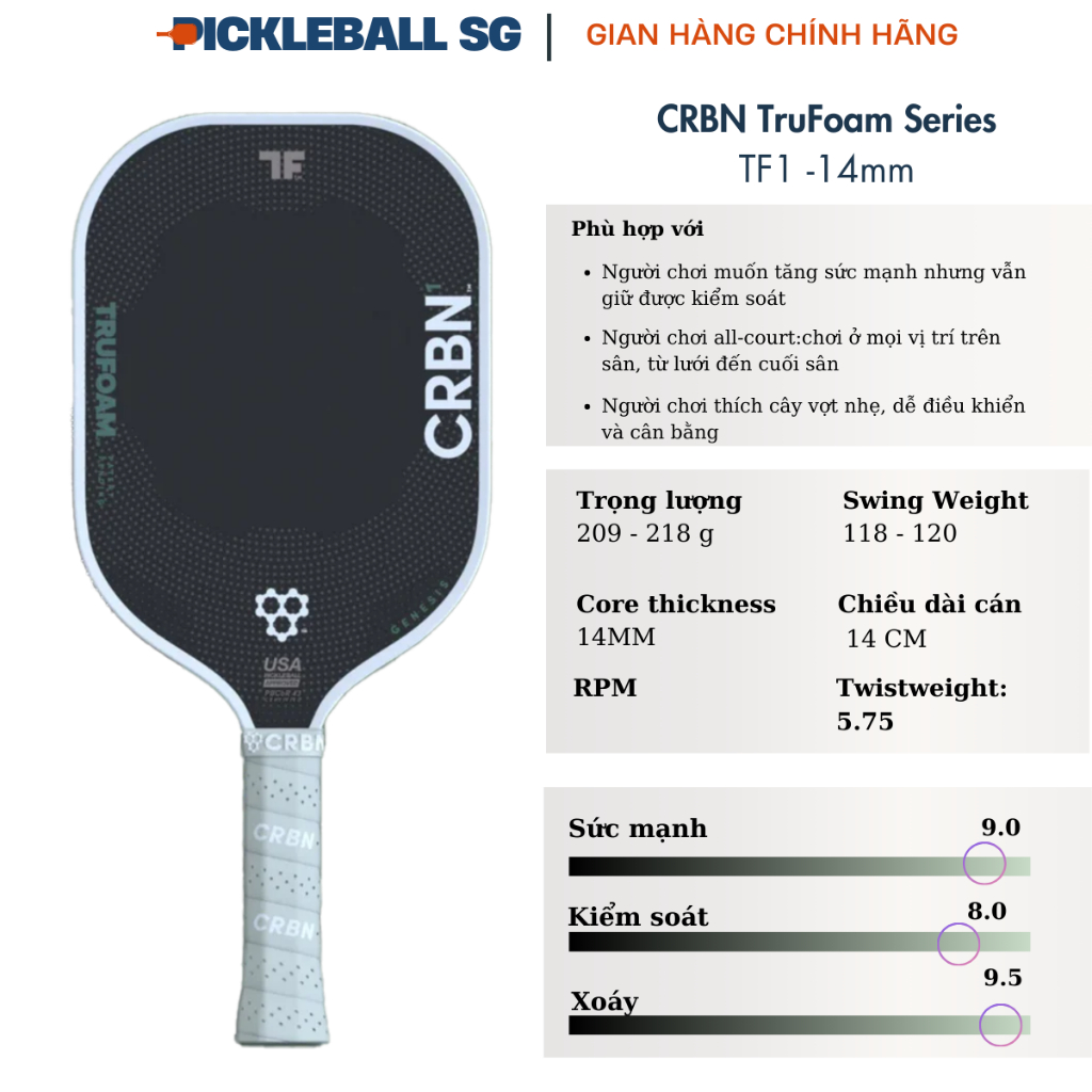 CRBN TruFoam TFG1 – Vợt Pickleball Gen 4 Chính Hãng | Elongated | Foam ...
