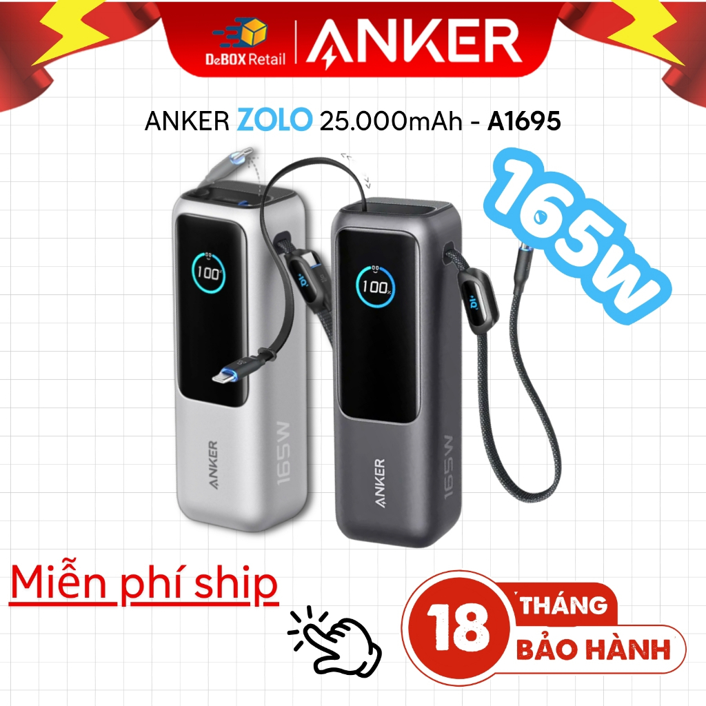 Pin sạc dự phòng Anker Zolo Power Bank 25000mAh 165W tích hợp cáp USB-C có thể thu gọn - A1695 ...