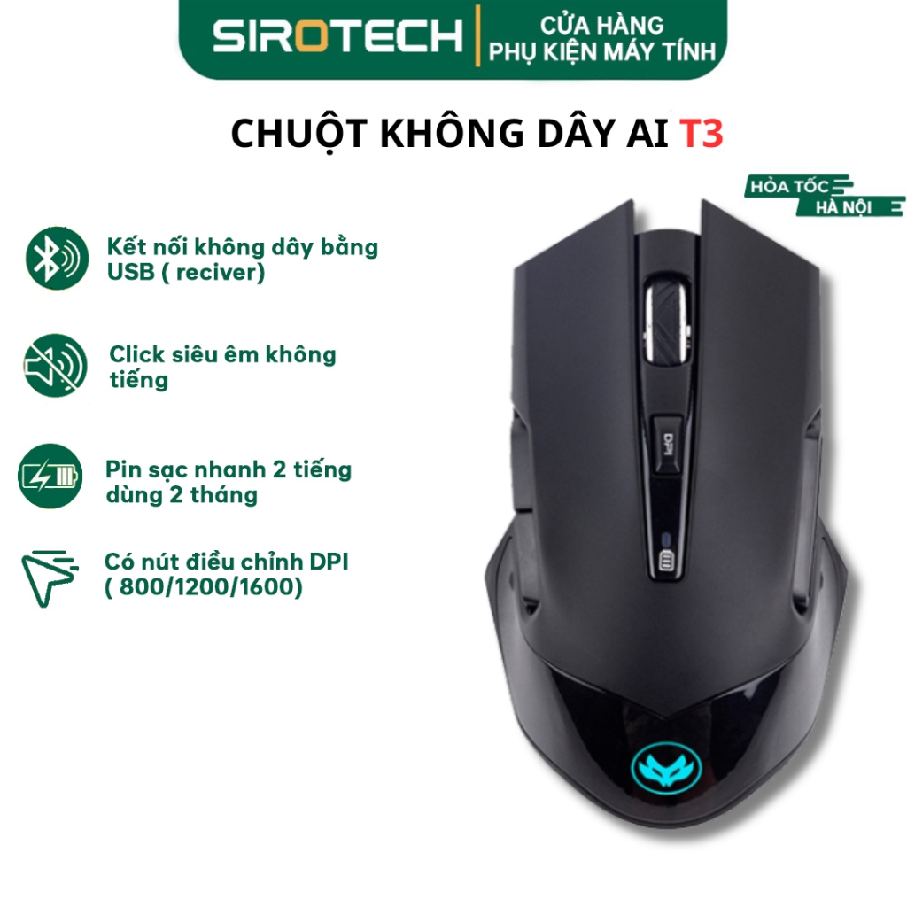 Chuột Không Dây Pin Sạc SIROTECH T3Pro AI thông minh Chống Ồn Kết Nối Wireless 2.4G Pin 5 Tuần ...