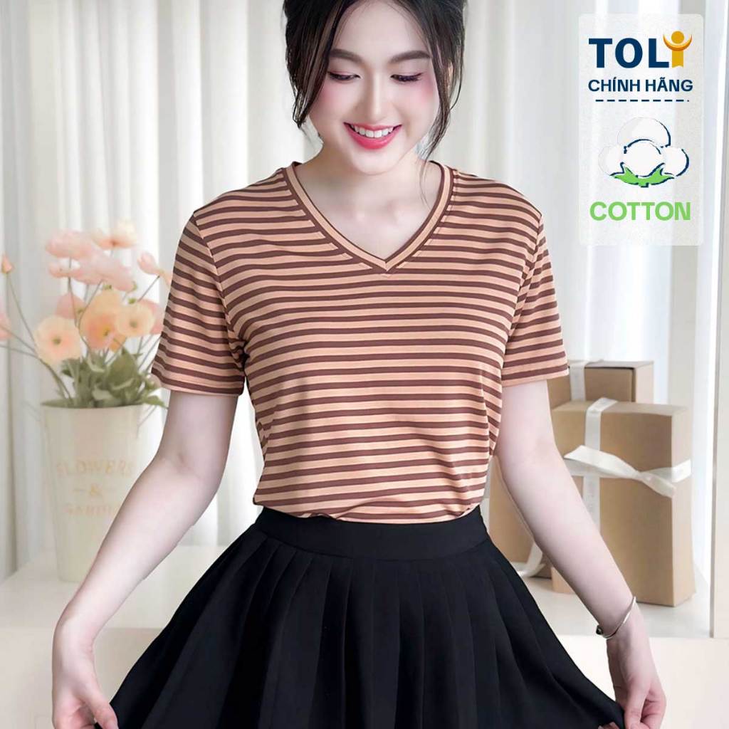 Áo thun nữ sọc ngang cổ V TOLI SA30 – cotton 4 chiều, form suông không ...