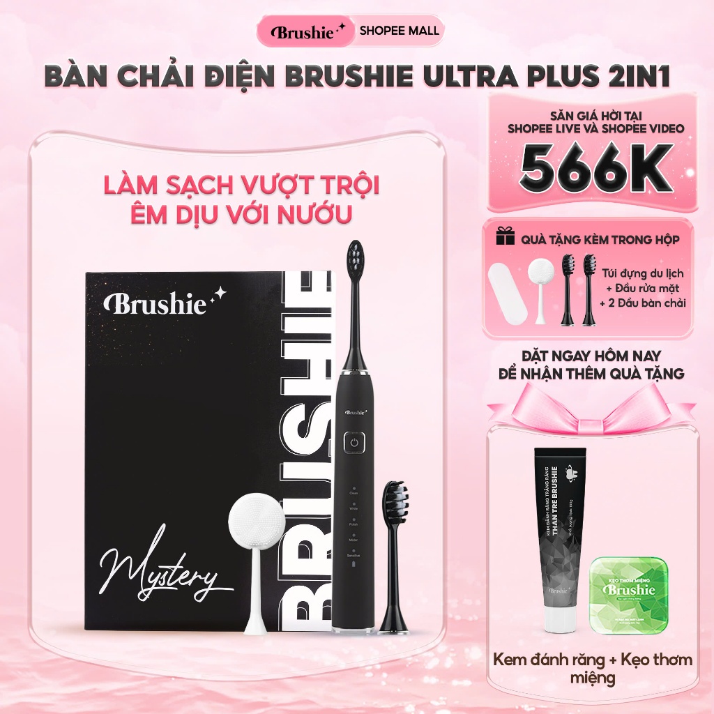 [SĂN 558K TẠI LIVE SHOP] Bàn chải điện Brushie Ultra Plus tích hợp máy rửa mặt phiên bản Nâng ...