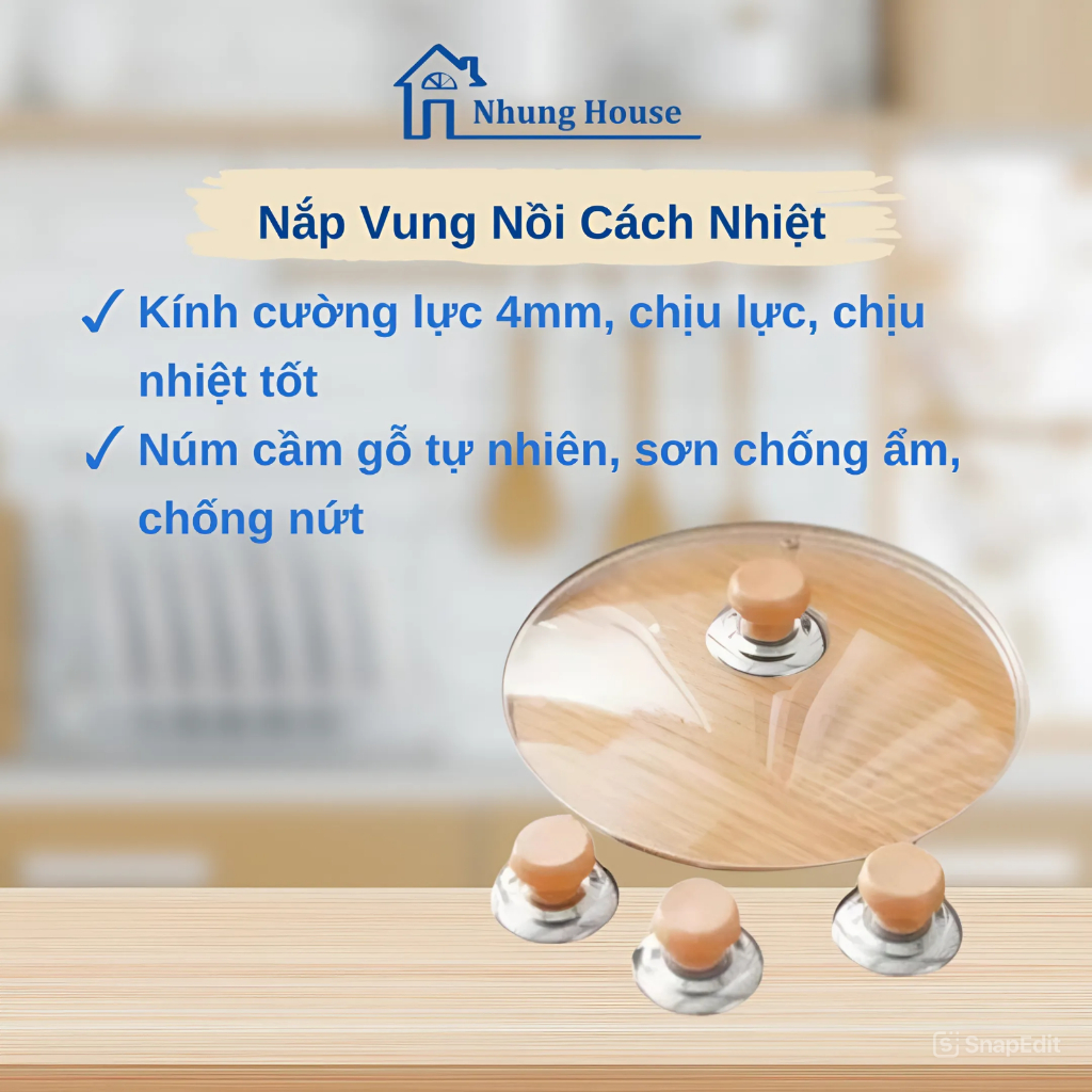 Nắp vung kính đậy nồi chảo kính cường lực kết hợp núm gỗ cách nhiệt ...