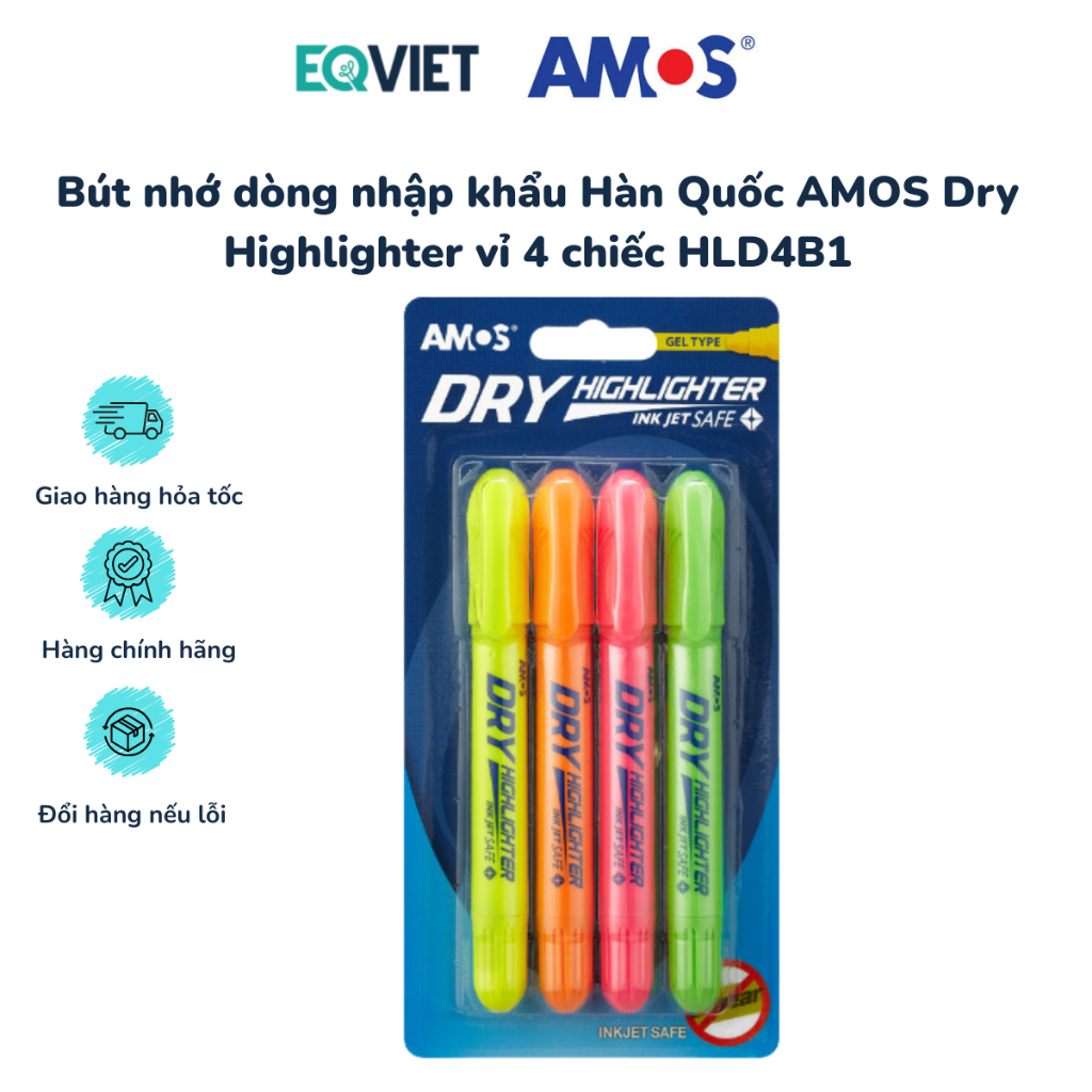 Bút nhớ dòng nhập khẩu Hàn Quốc AMOS Dry Highlighter vỉ 4 chiếc HLD4B1 ...