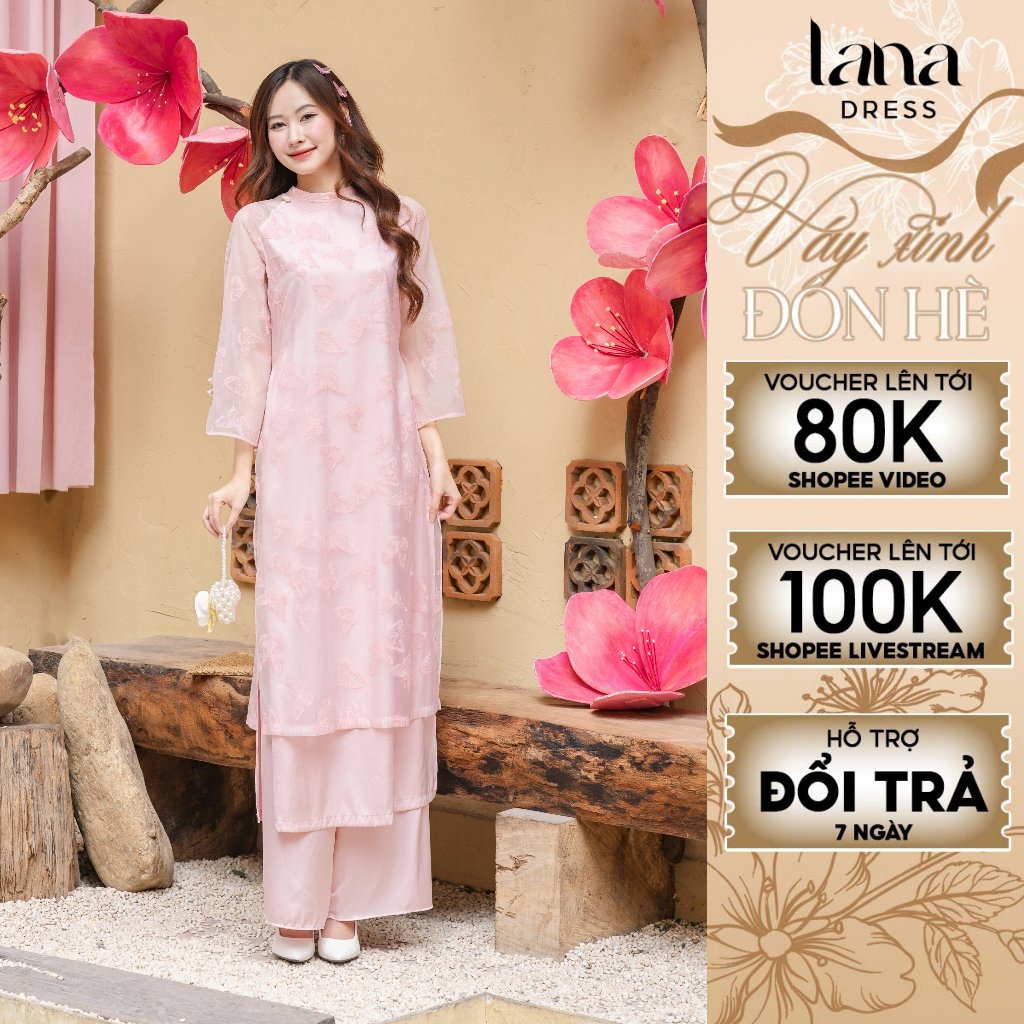 Áo dài Hồng Điệp chất liệu vải tơ tằm phối lụa ngọc trai cao cấp mềm mại, áo dài thiết kế ...