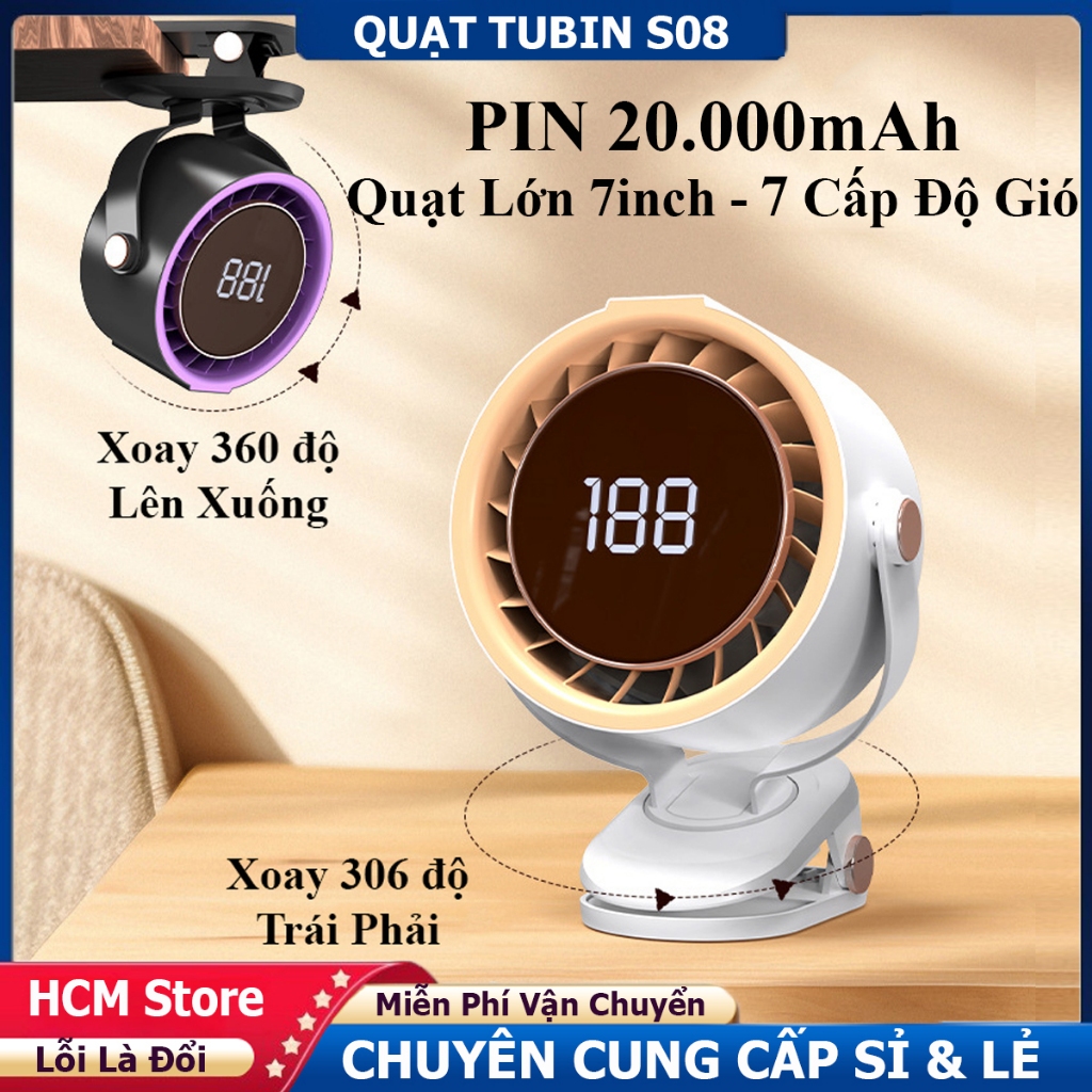 Quạt Kẹp Tích Điện TUBIN S08 Mẫu Mới 2025, Pin 20.000mAh Lồng Quạt ...