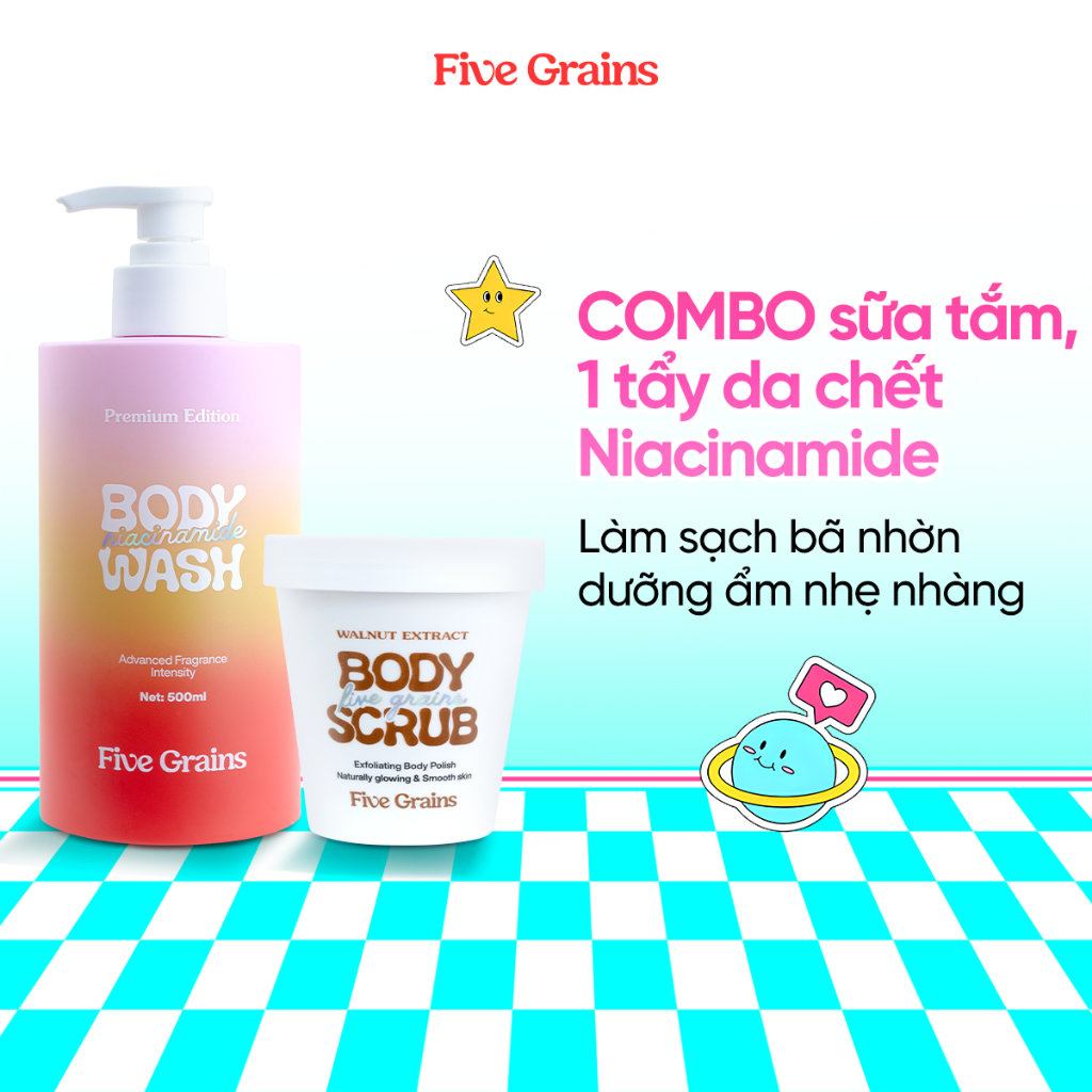 Combo Five Grains Sữa tắm 500ml và Tẩy tế bào chết body Niacinamide ...