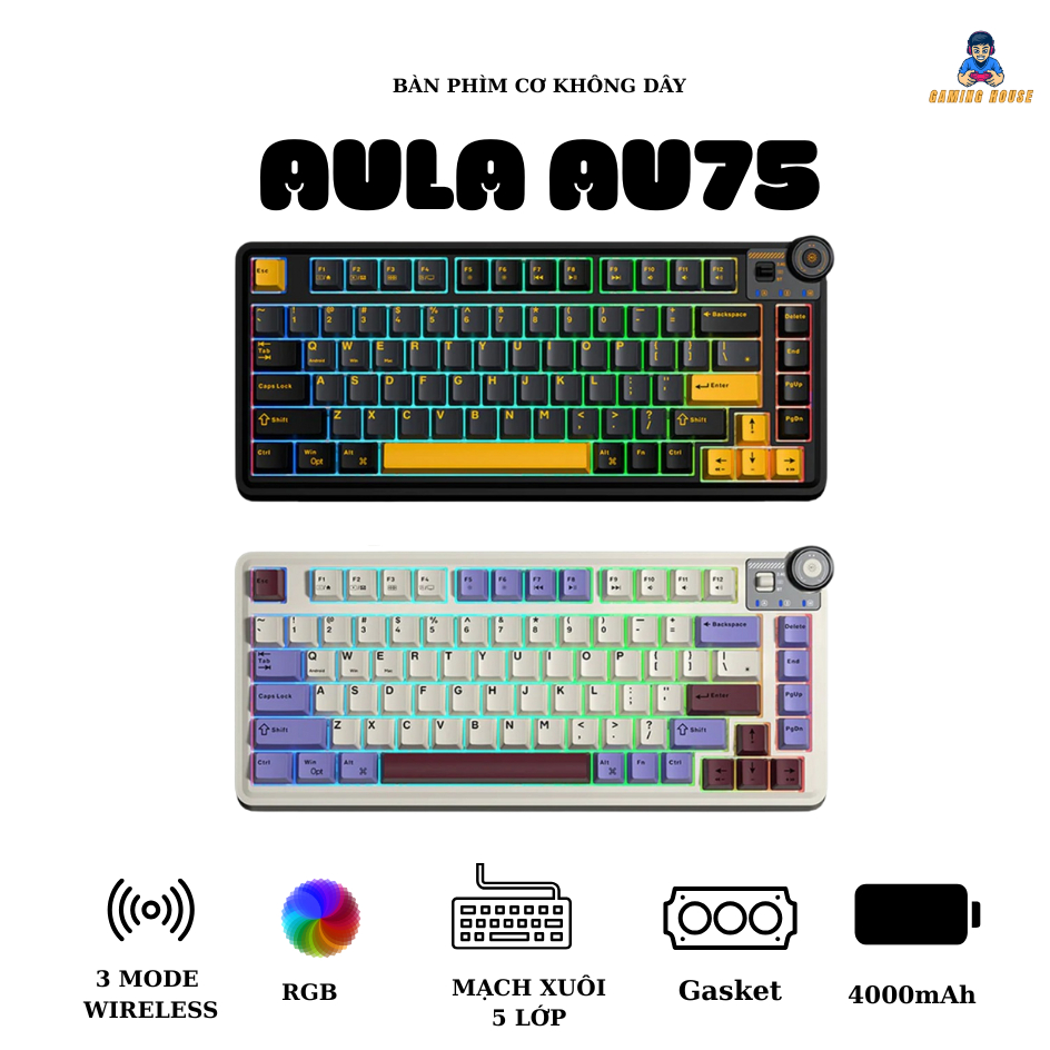 Bàn phím cơ Aula Au75 - 3 mode kết nối - Mạch xuôi - Led RGB - Núm vặn - Có app tùy chỉnh ...