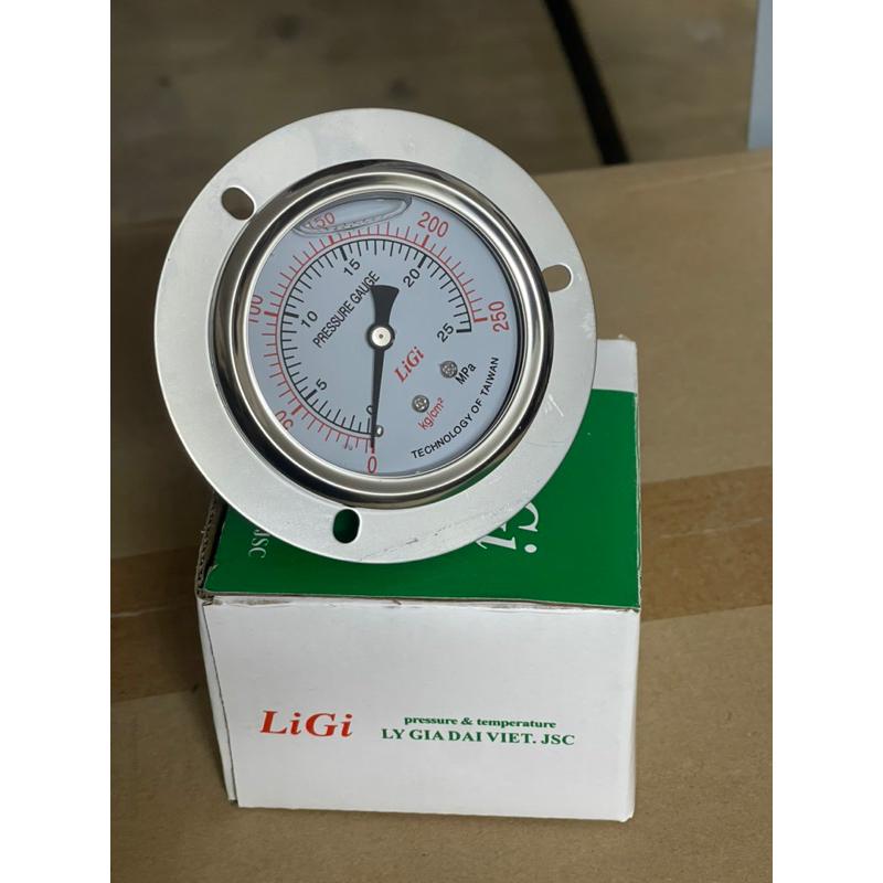 Đồng hồ áp suất inox dầu chân sau có vành LIGI 250Kg (25Mpa) kích thước mặt 63mm ren 1/4 13mm ...