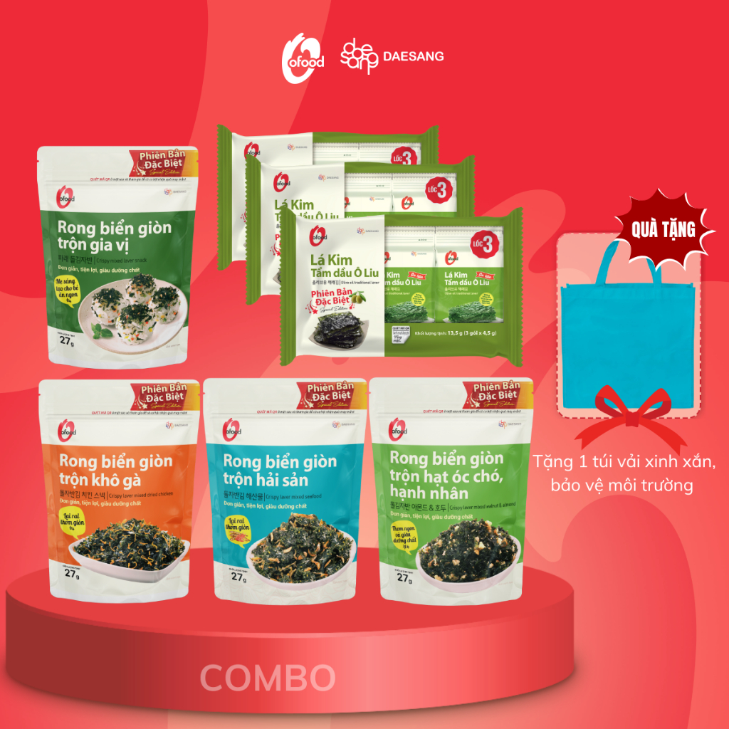 [Tặng túi vải O'Food] Combo 9 gói lá kim tẩm dầu ô liu 4.5g & 4 rong ...